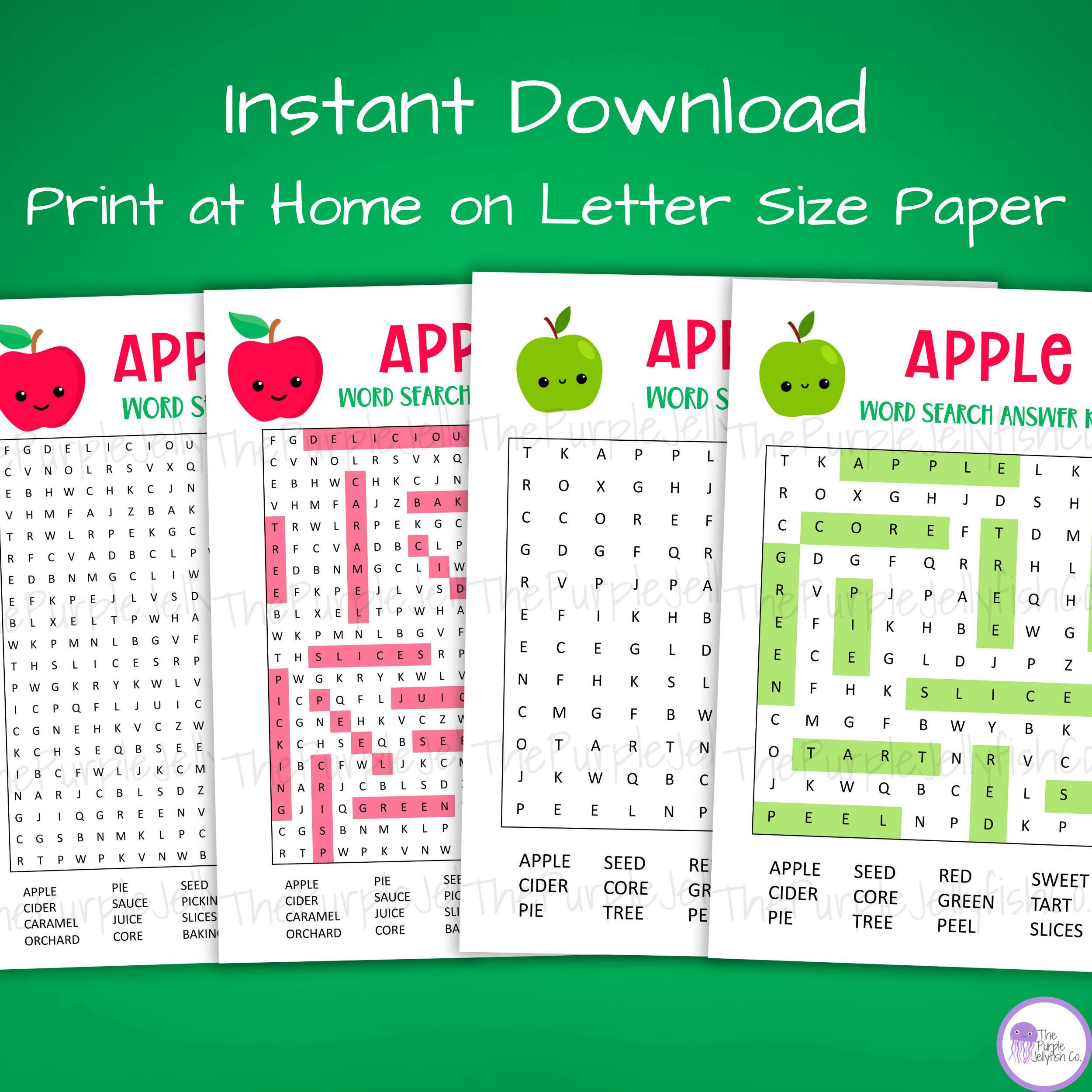 Apple Word Search Printable Game for Kids & Adults, Autumn Apple ...