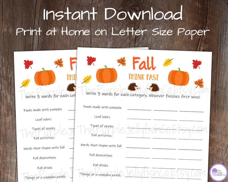 Fall Think Fast Game Printable Fall Activity for Kids & Adults, Autumn ...