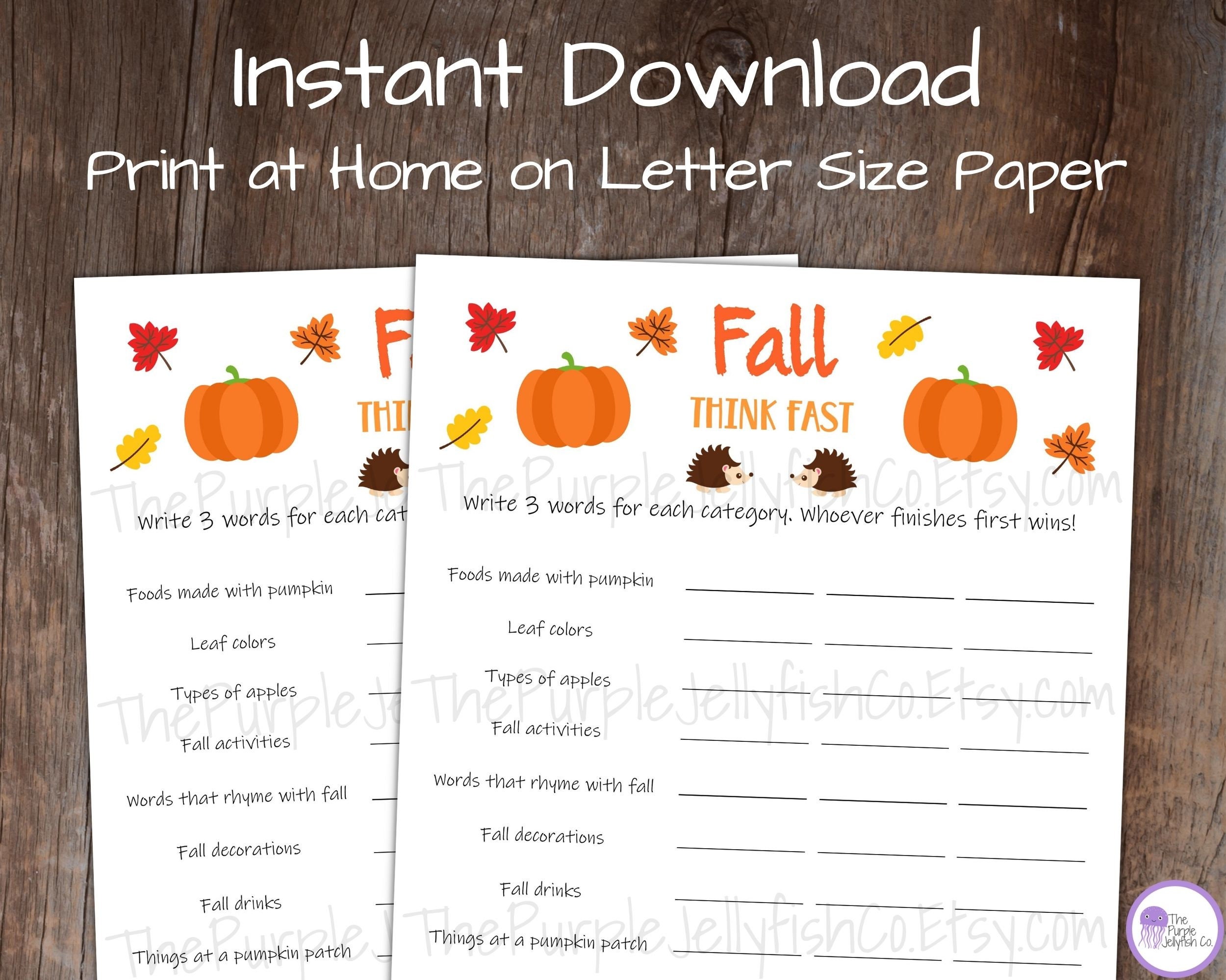 Fall Think Fast Game Printable Fall Activity for Kids & Adults, Autumn ...