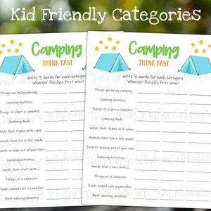 Camping Think Fast Game, Camping Party Game Printable Camping Themed ...