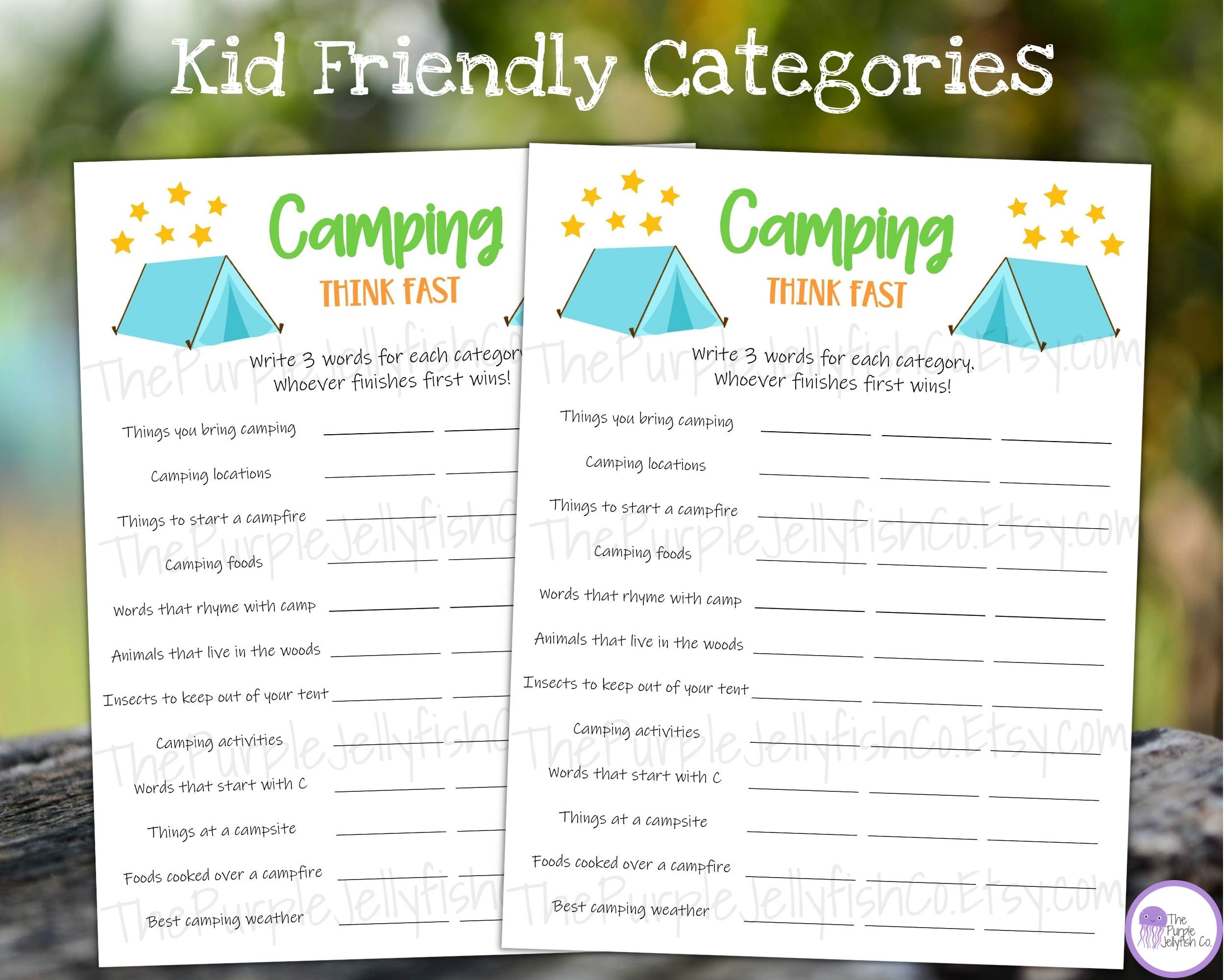 Camping Think Fast Game, Camping Party Game Printable Camping Themed ...