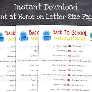 Back to School Would You Rather Questions Printable First Day of School ...