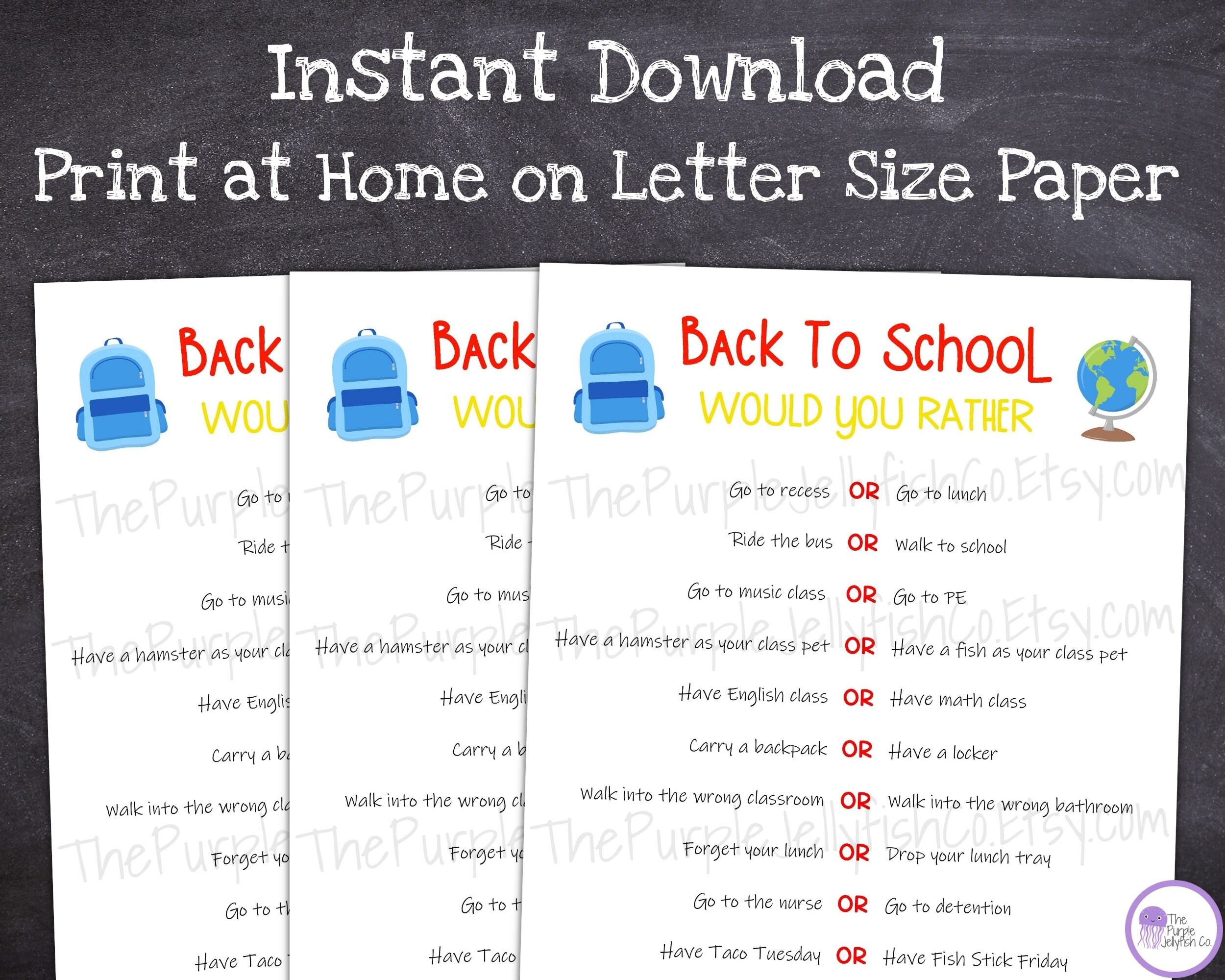Back to School Would You Rather Questions Printable First Day of School ...