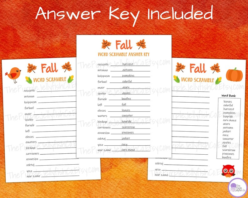 Fall Word Scramble Printable Game for Kids & Adults, Autumn Activity ...