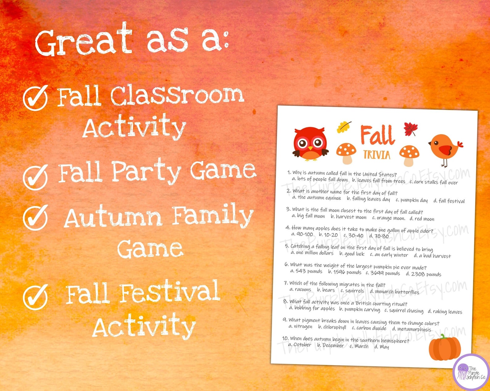 Fall Trivia Game Printable Autumn Activity for Kids & Adults, Trivia ...