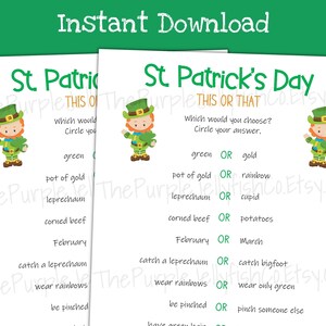 This or That St Patricks Day Game for Kids, Printable St Patricks Day ...