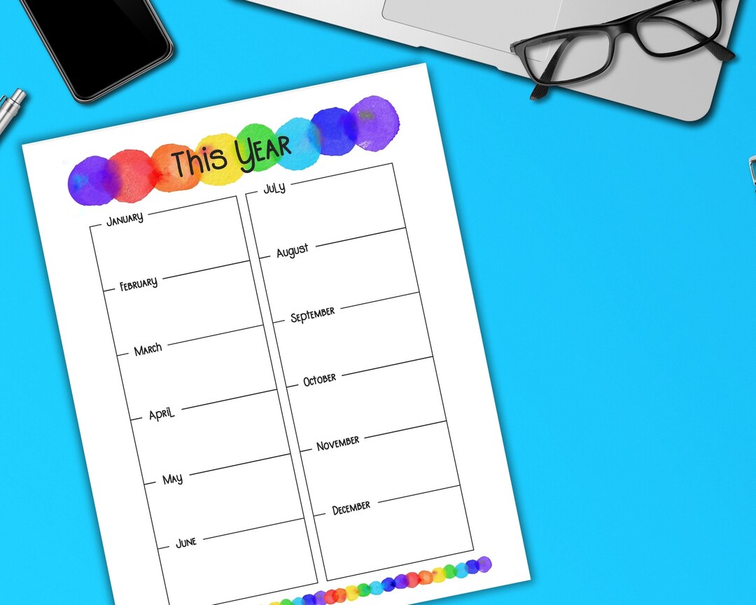 Yearly Overview Printable, Rainbow Watercolor Dots Year Plan, Year at a ...