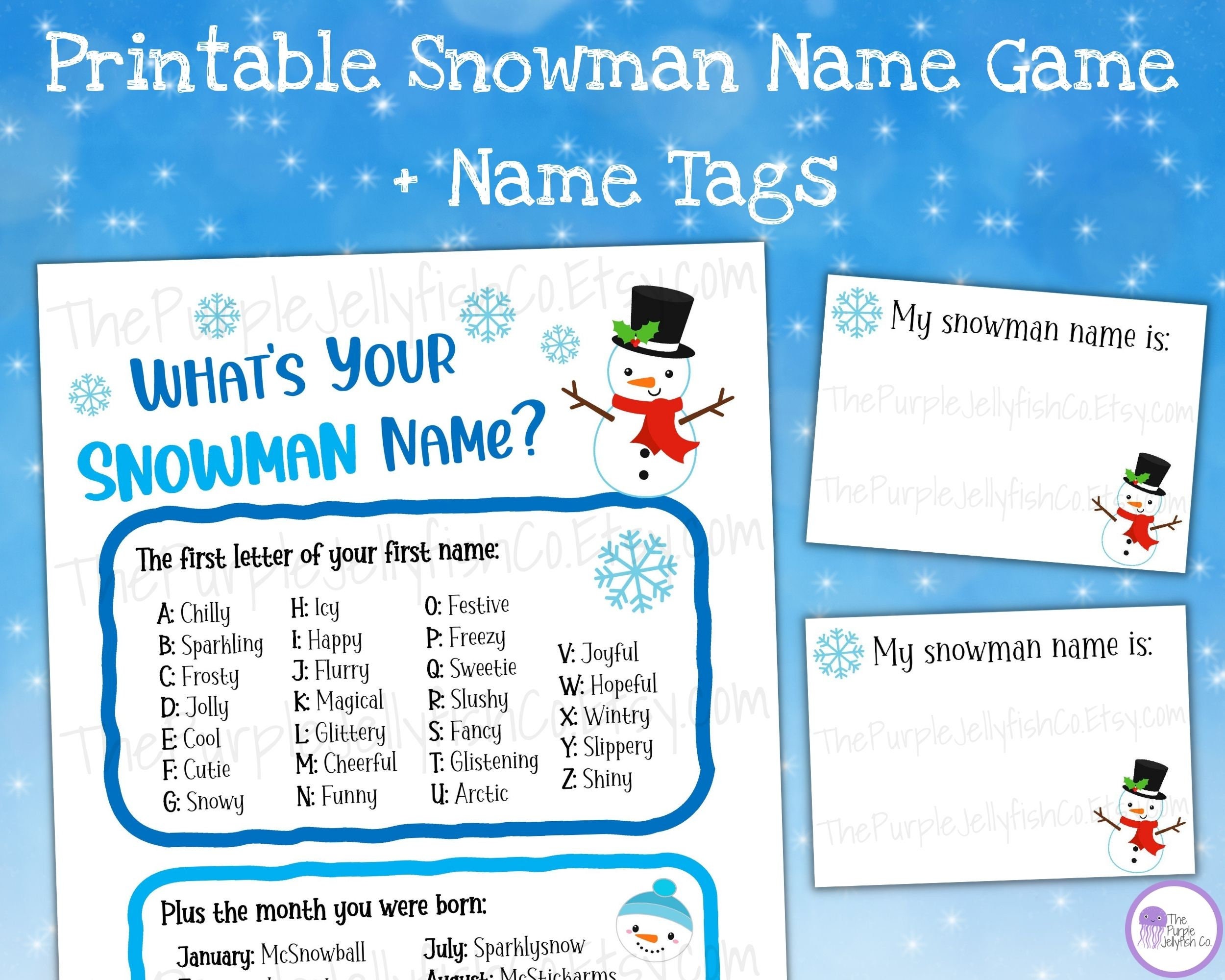 What's Your Snowman Name Game, Printable Winter Game for Kids, Snowman ...