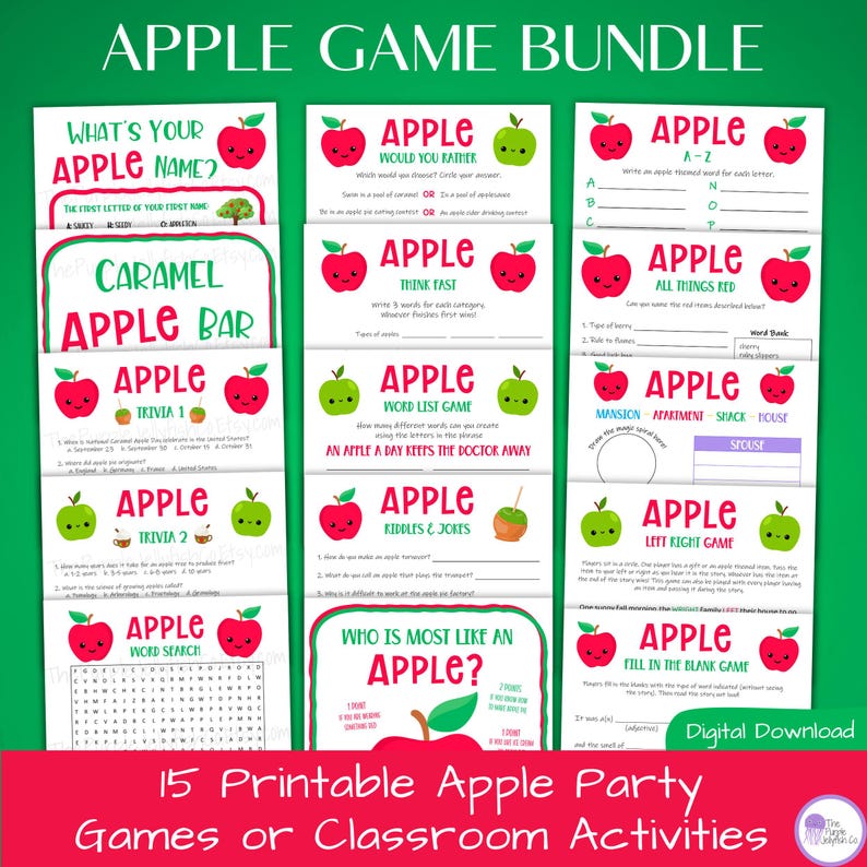 Apple Party Games Bundle Printable, Apple Activities for Kids, Caramel ...
