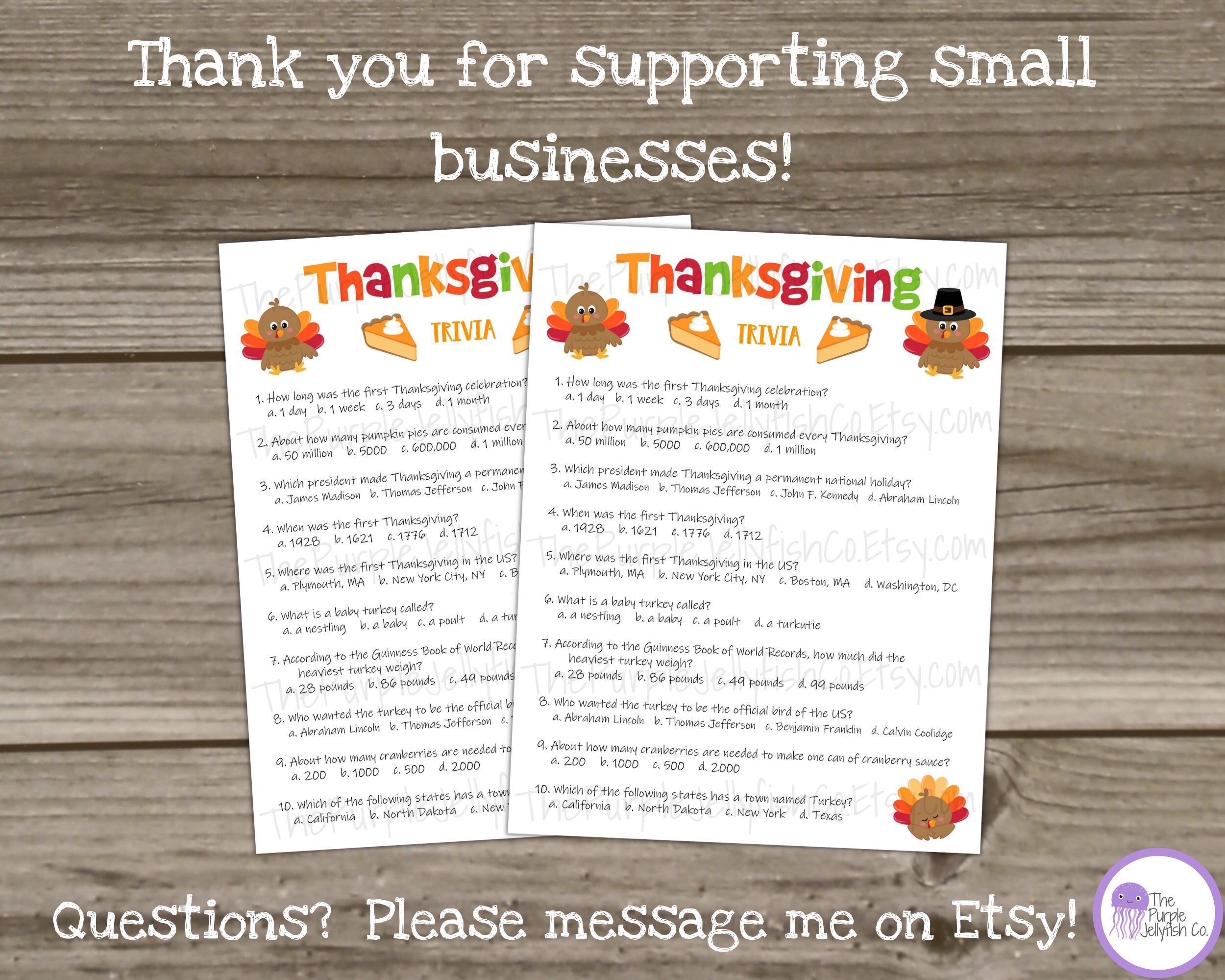 Thanksgiving Trivia Game Printable, Thanksgiving Activity for Kids ...