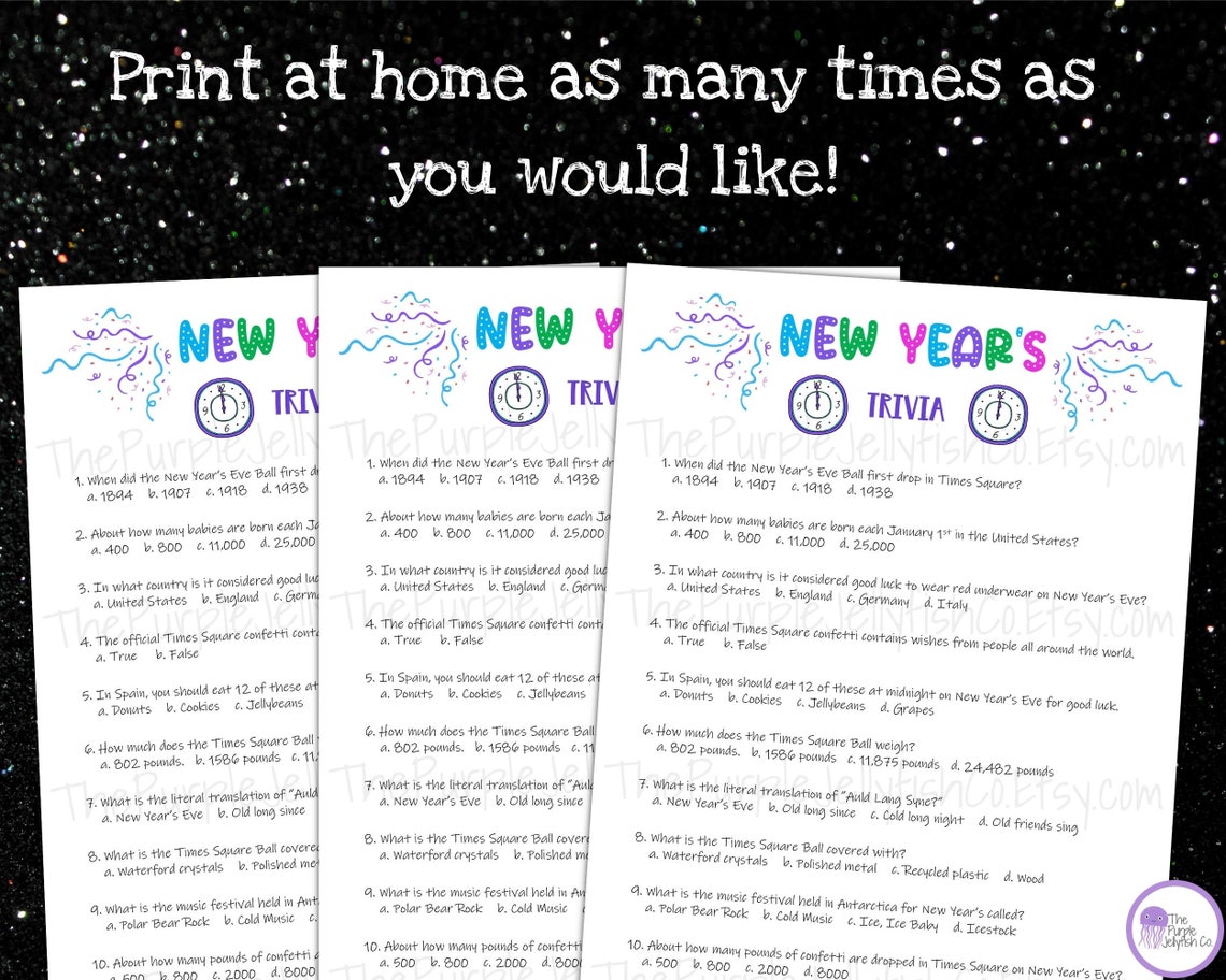 New Years Trivia Game Printable, New Years Eve Game for Teens & Adults ...