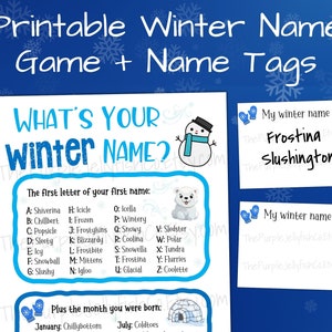 What's Your Winter Name Game With Sign and Name Tags, Winter Party ...