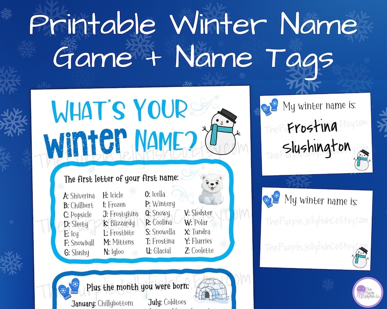 What's Your Winter Name Game With Sign and Name Tags, Winter Party ...