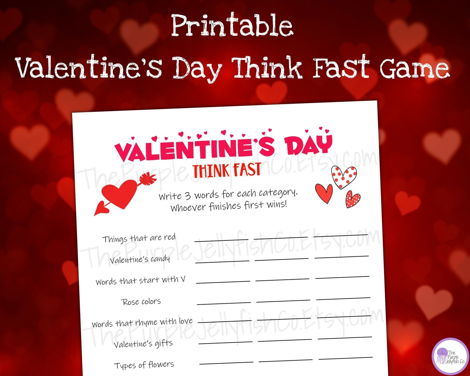 Think Fast Game, Printable Valentines Day Games, Valentines Activity ...