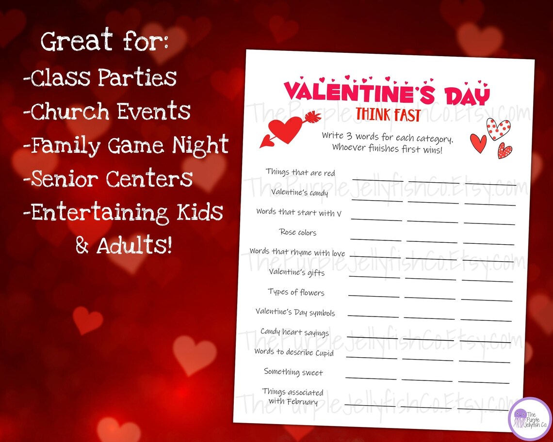 Think Fast Game, Printable Valentines Day Games, Valentines Activity ...