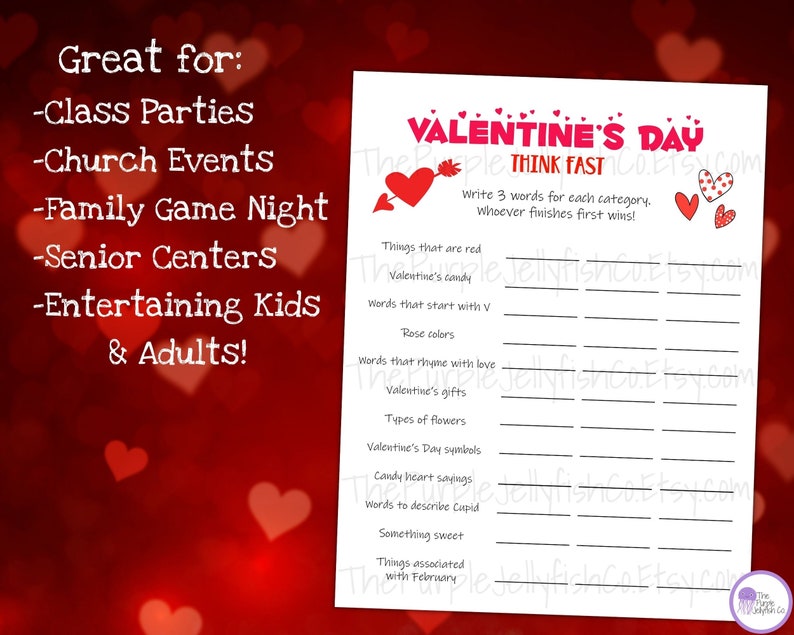 Think Fast Game, Printable Valentines Day Games, Valentines Activity ...