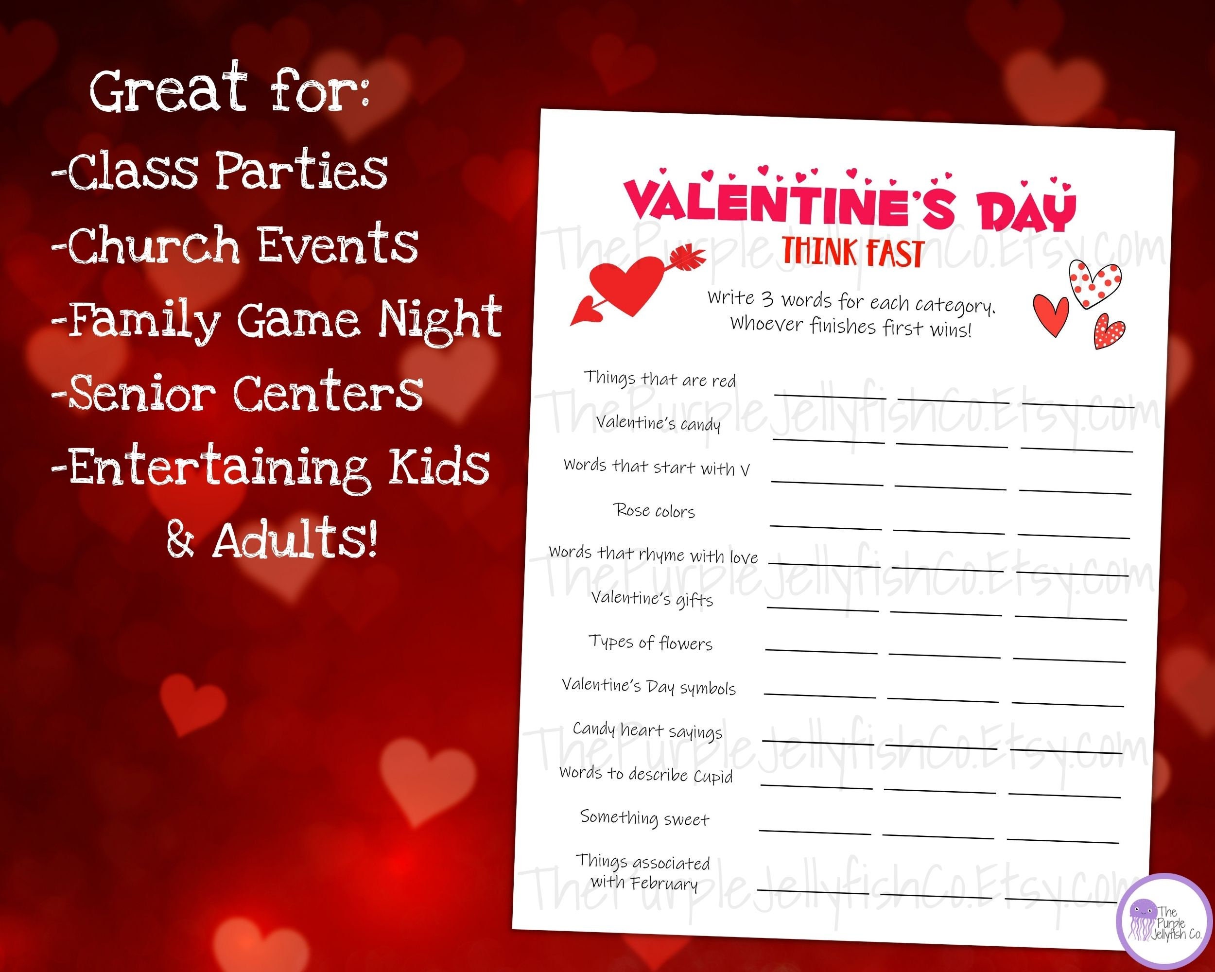 Think Fast Game, Printable Valentines Day Games, Valentines Activity ...