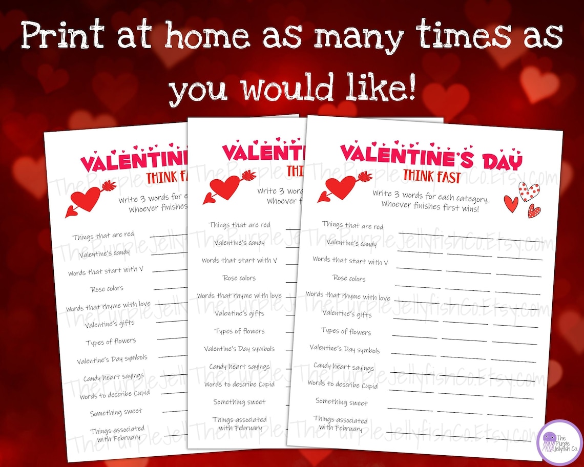 Think Fast Game, Printable Valentines Day Games, Valentines Activity ...