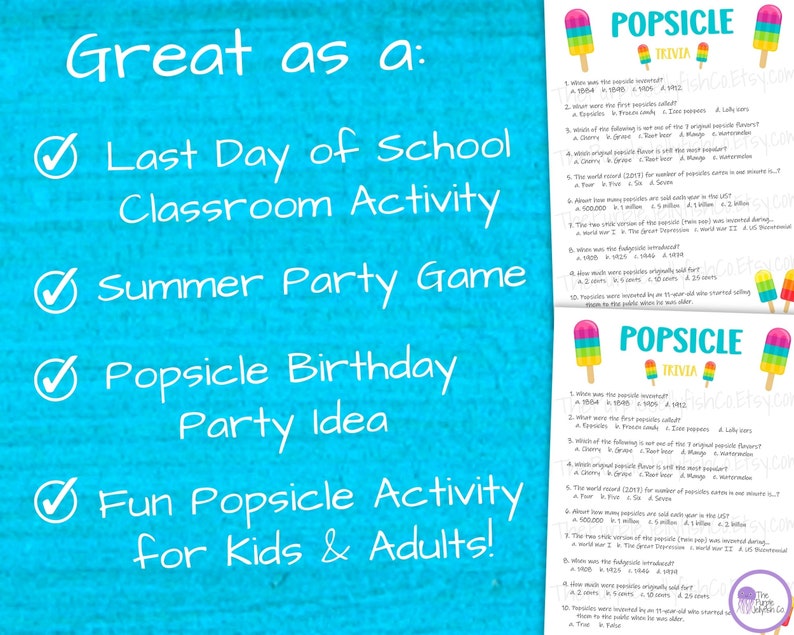 Popsicle Trivia Game Printable, Summer Popsicle Party Idea, Popsicle ...