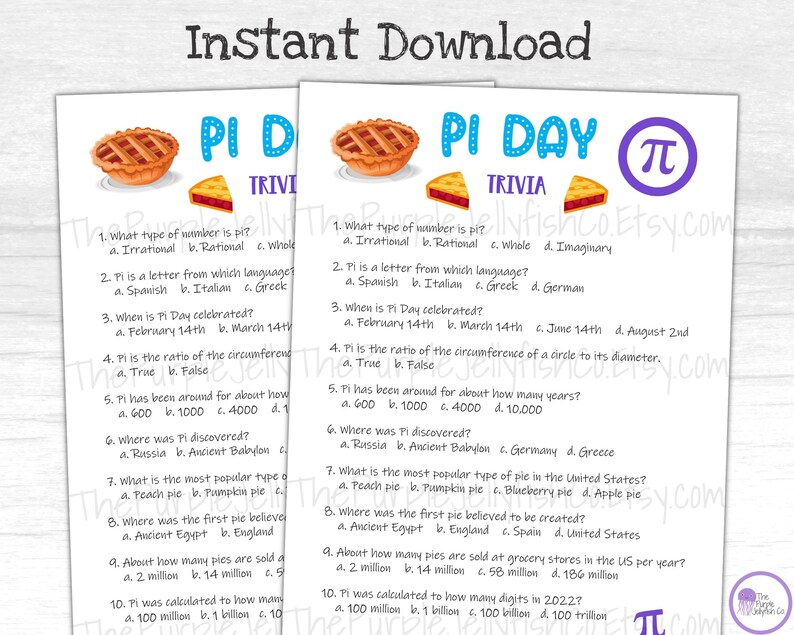 Pi Day Trivia Game for Kids and Adults, Printable Pi Day Activity, Pi ...