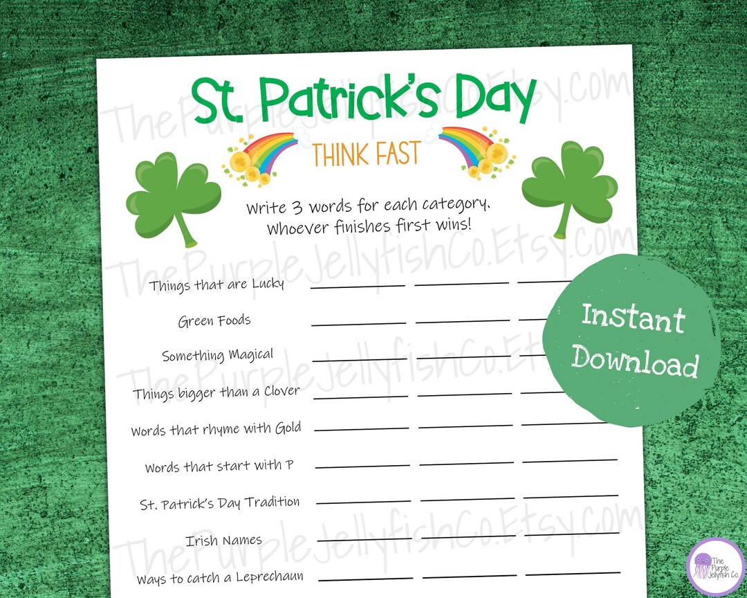 St Patricks Day Think Fast Game for Kids, Printable St Patricks Party ...