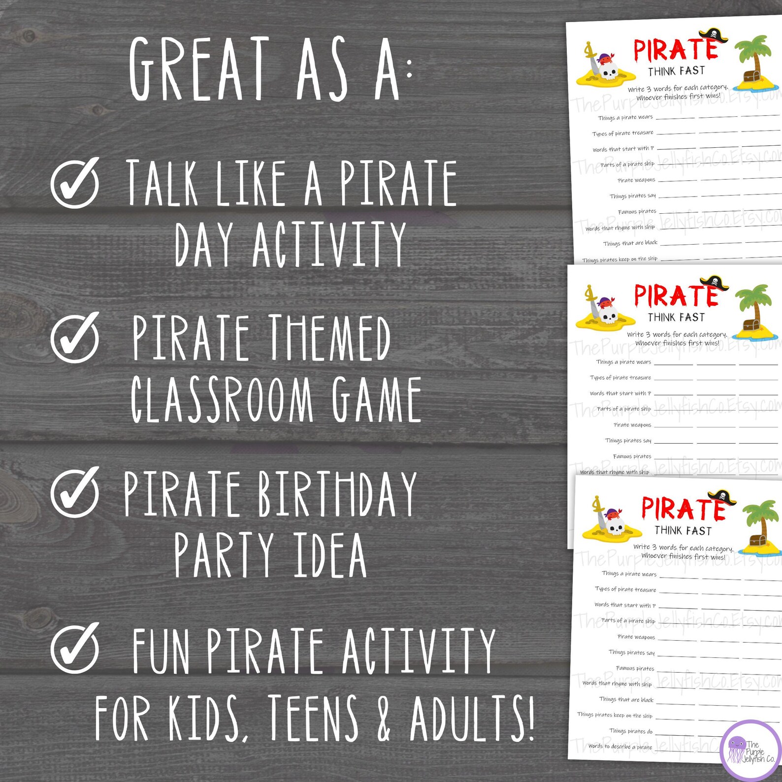 Pirate Think Fast Game, Pirate Party Game Printable, Talk Like a Pirate ...