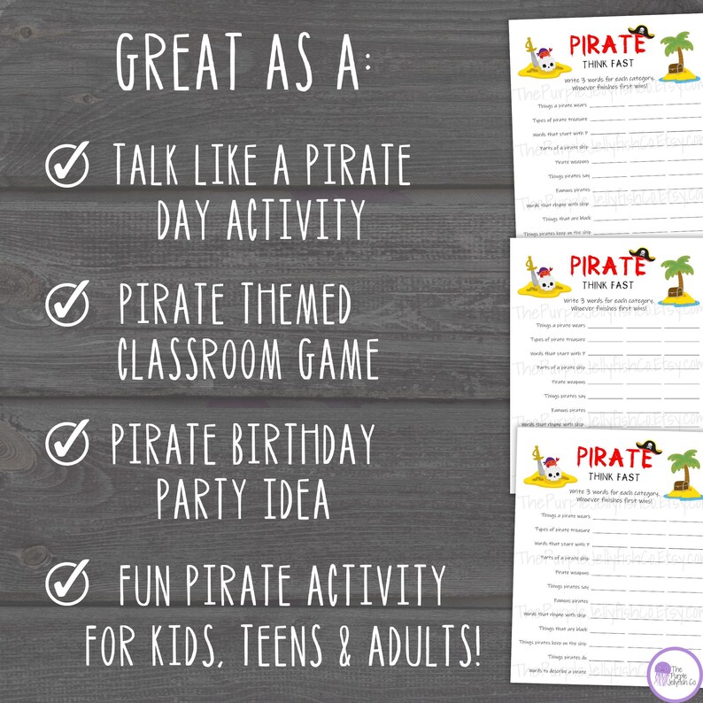 Pirate Think Fast Game, Pirate Party Game Printable, Talk Like a Pirate ...