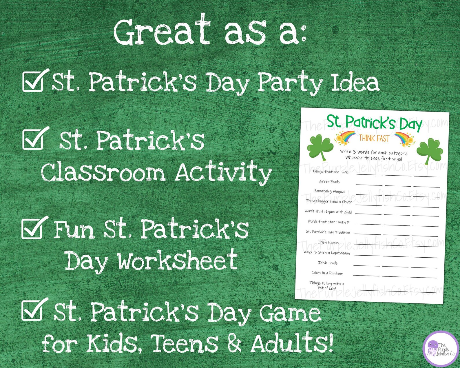 St Patricks Day Think Fast Game for Kids, St Patricks Party Idea, Saint ...