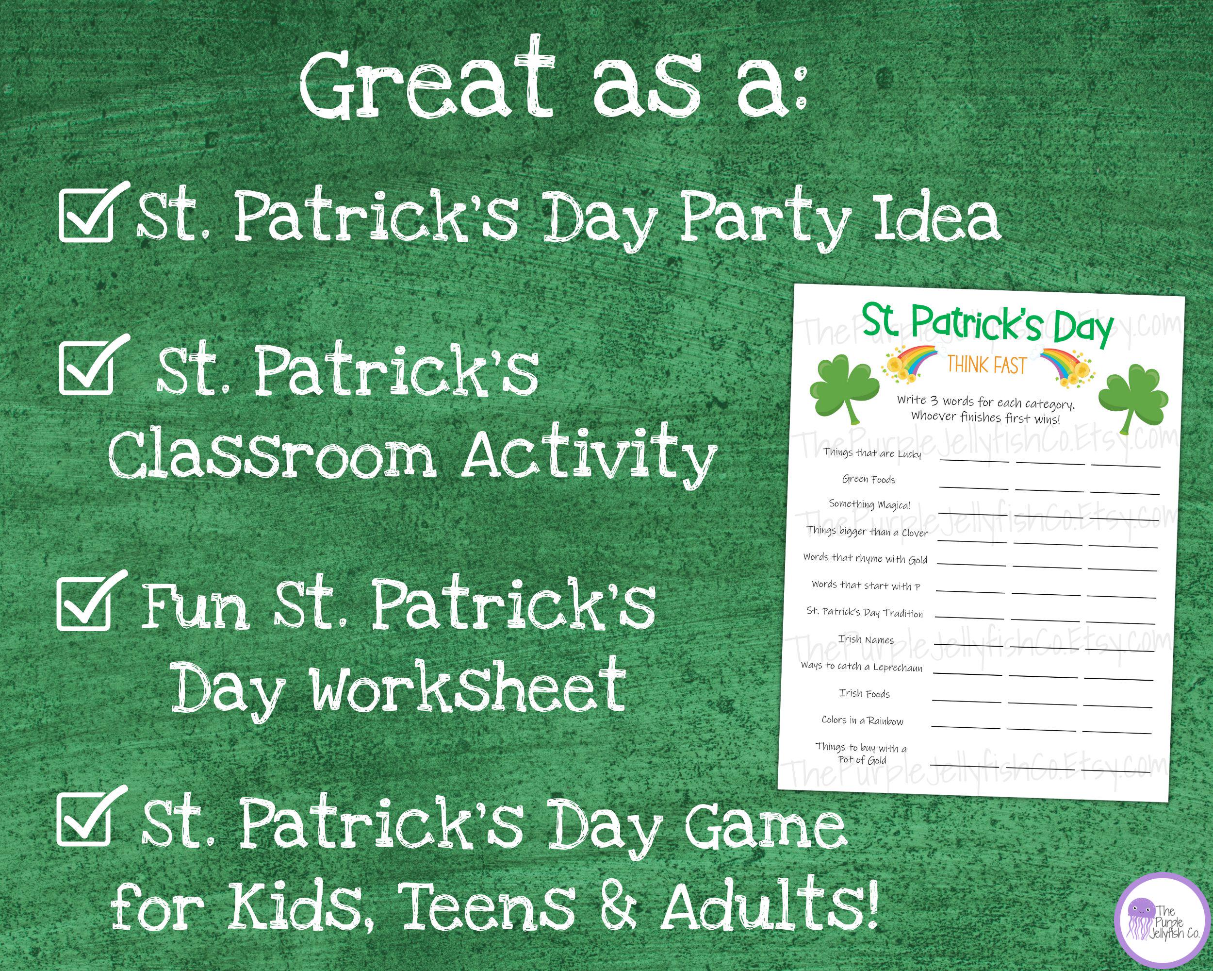St Patricks Day Think Fast Game for Kids, St Patricks Party Idea, Saint ...