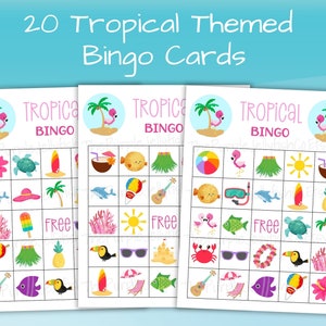 Bingo Cards Printable Tropical Theme, Bingo Game for Kids, Summer Luau ...