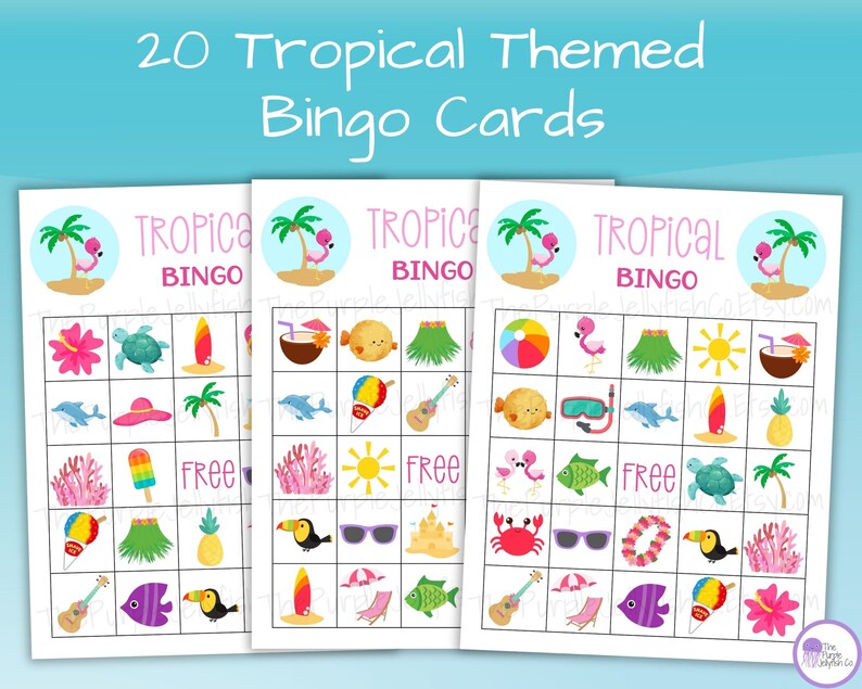 Bingo Cards Printable Tropical Theme, Bingo Game for Kids, Summer Luau ...