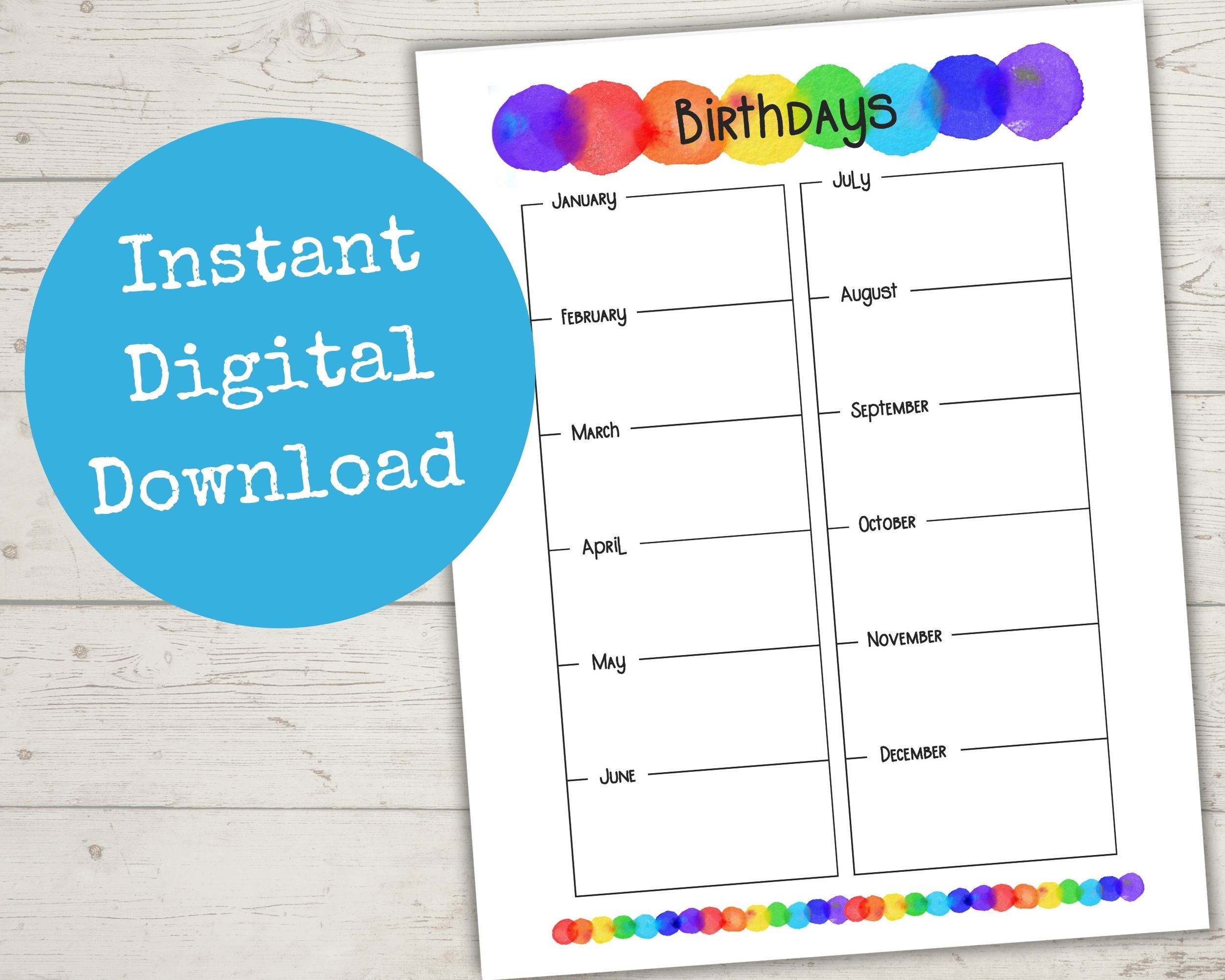 Birthday Tracker Printable Perpetual Birthday Calendar Monthly Birthday ...