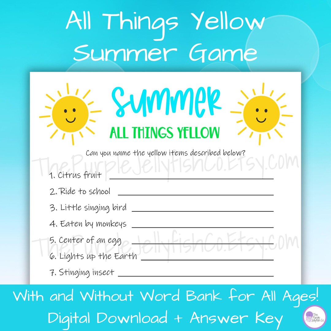 Summer Trivia Game, All Things Yellow Summer Party Game Printable ...