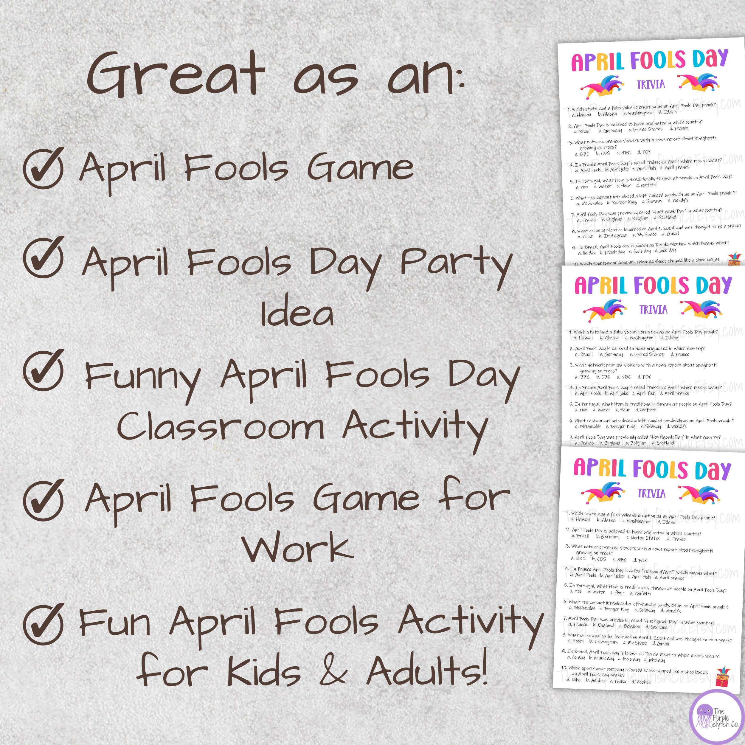 April Fool's Day Trivia Game Printable, April Fools Party Idea, April ...