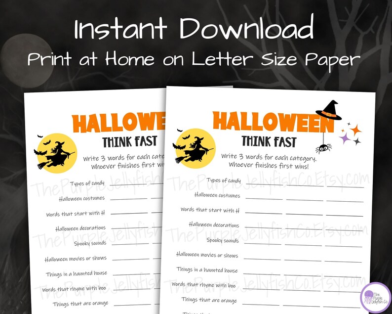 Halloween Think Fast Game Printable, Halloween Game for Kids Teens ...