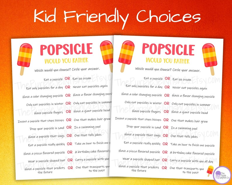 Popsicle Party Game, Would You Rather Questions for Kids Teens Adults ...