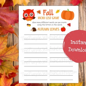 Fall Word List Game, Fall Game Printable, Autumn Activity for Kids, Fun ...