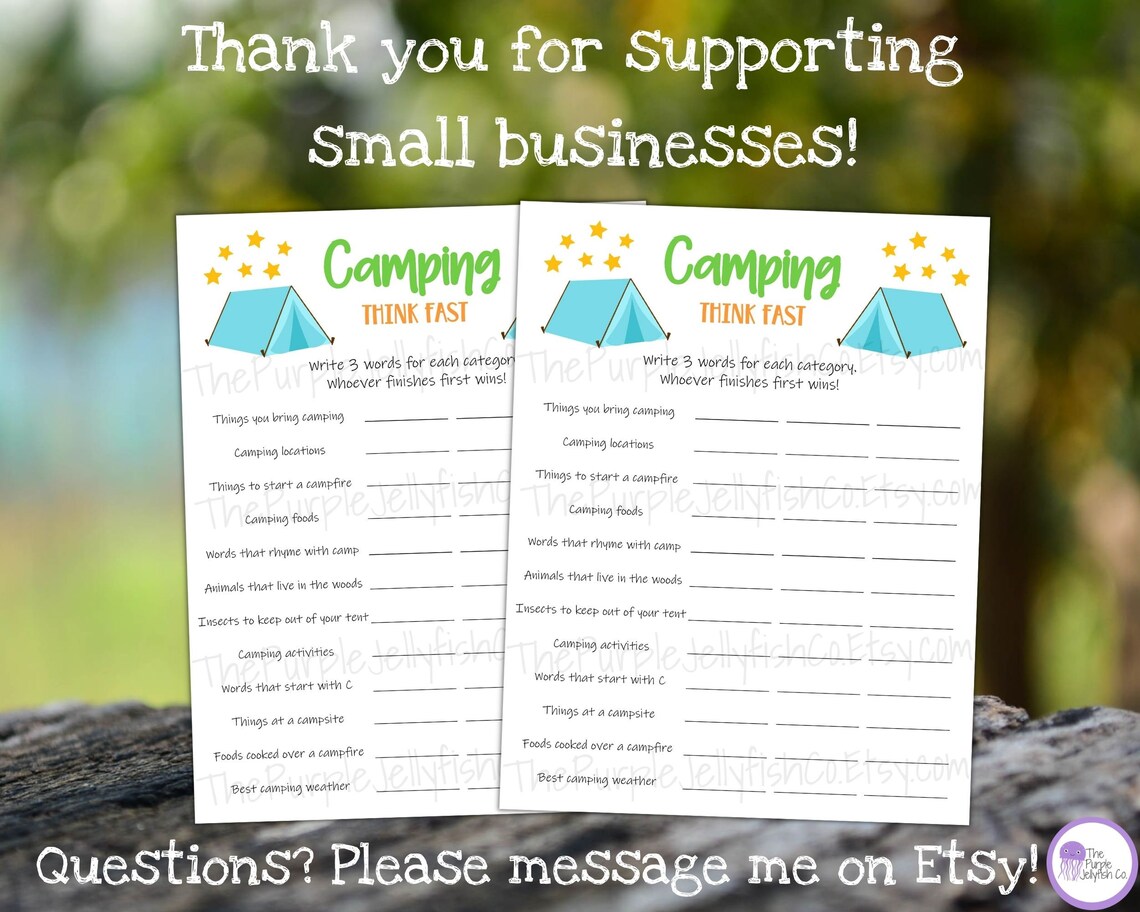 Camping Think Fast Game Fun Camping Game Printable Camping - Etsy