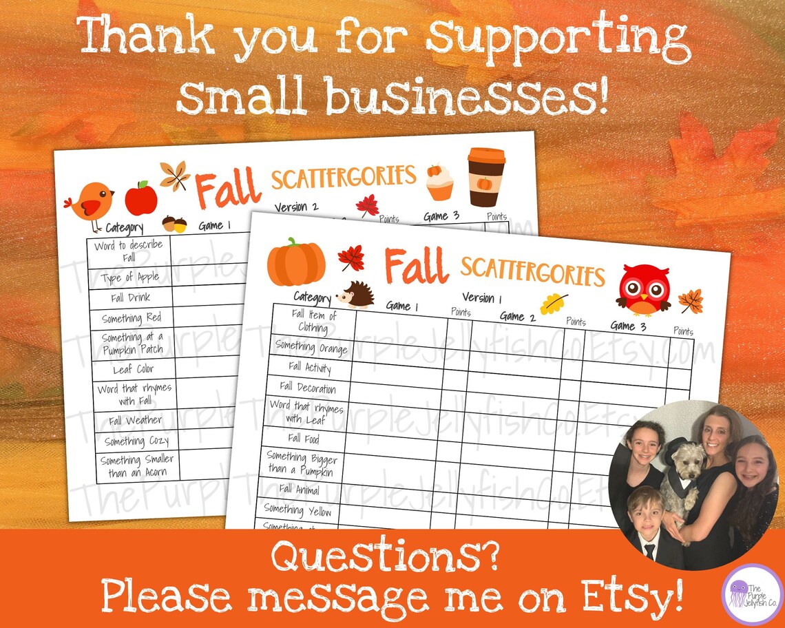 Fall Scattergories Game Printable Fall Party Game for Kids Teens ...