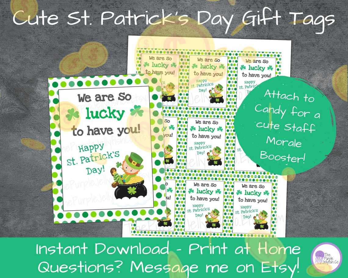 St. Patrick's Day Gift Tags Printable, St. Pattys Day Treat Tag, Thank ...