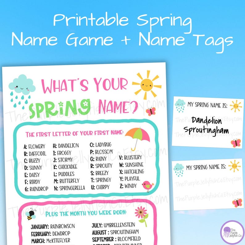 What's Your Spring Name Game Sign + Name Tags, Spring Game Printable ...