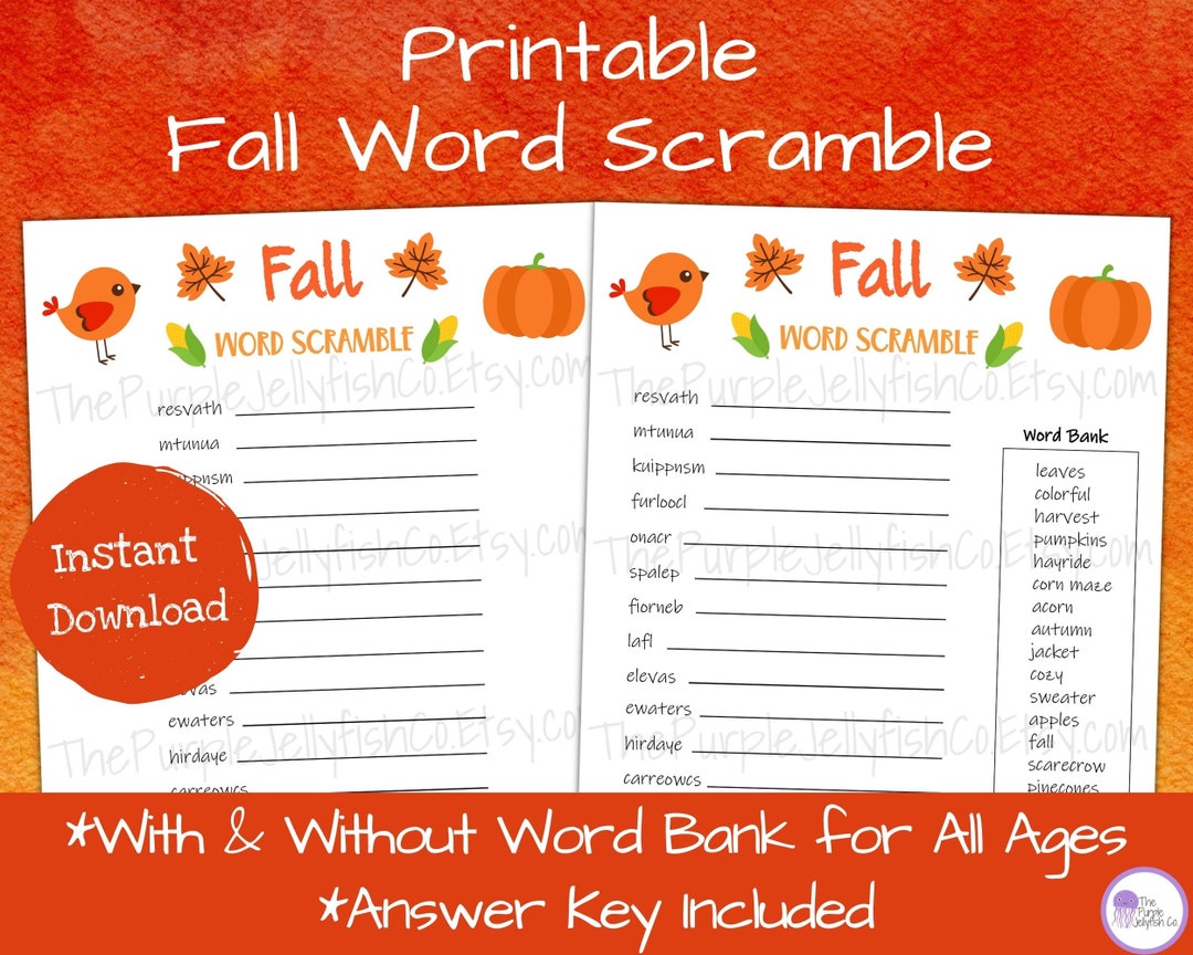 Fall Word Scramble Printable Game for Kids & Adults, Autumn Activity ...