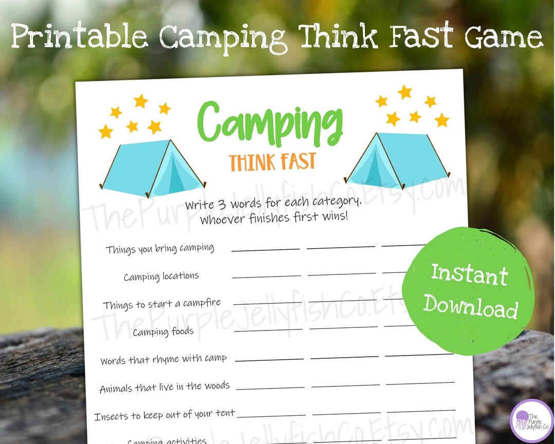 Camping Think Fast Game, Camping Party Game Printable Camping Themed ...