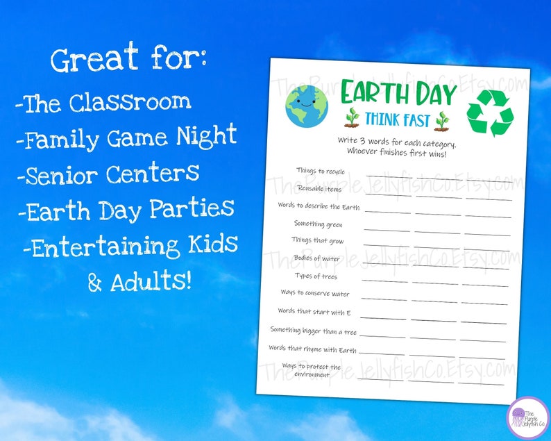 Earth Day Think Fast Game, Earth Day Printable for Kids, Earth Day ...