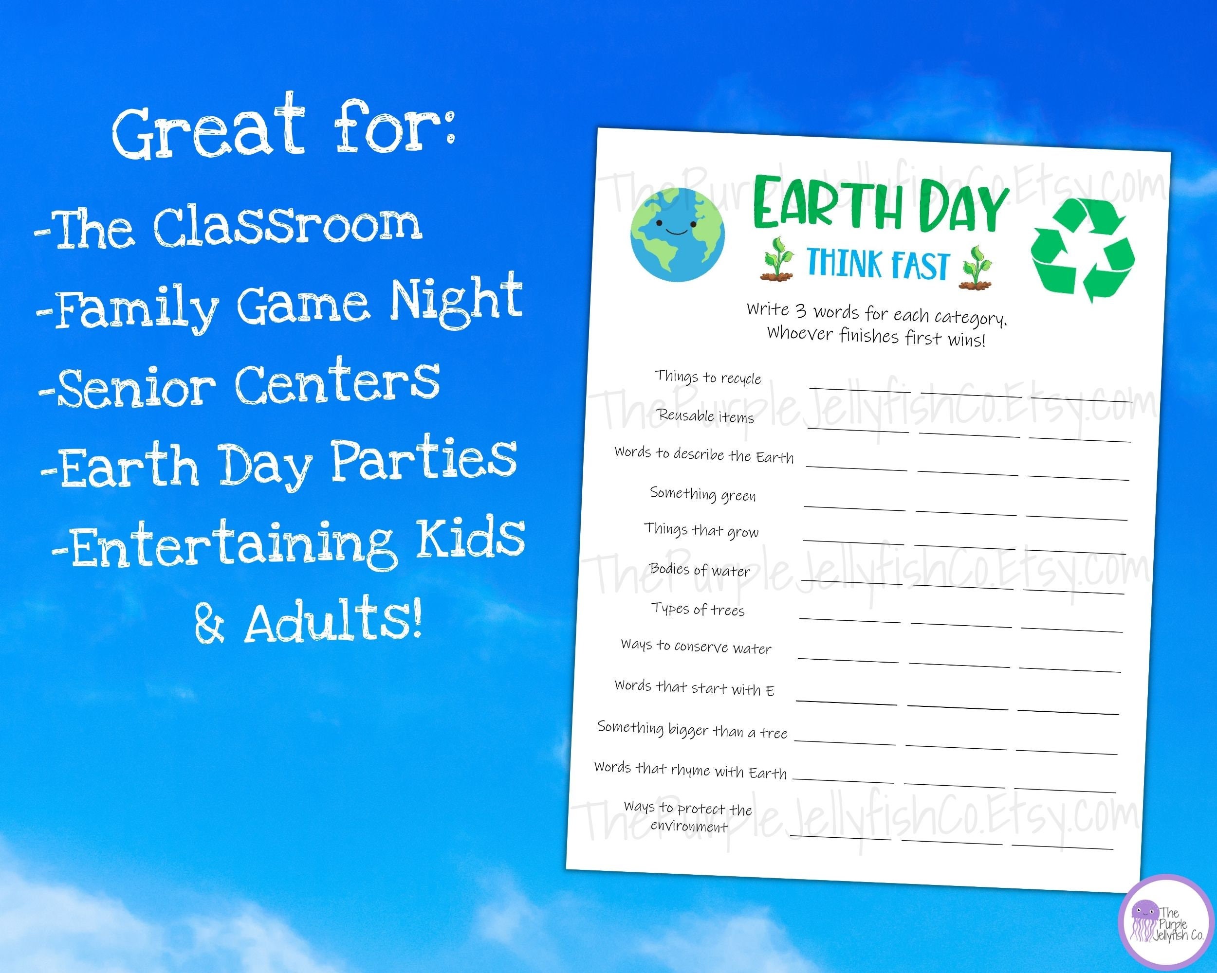 Earth Day Think Fast Game, Earth Day Printable for Kids, Earth Day ...