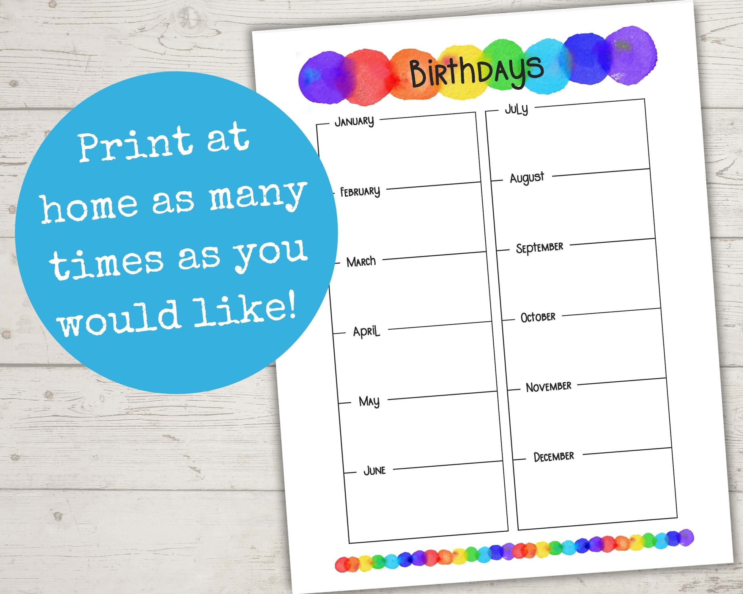 Birthday Tracker Printable Perpetual Birthday Calendar Monthly Birthday ...