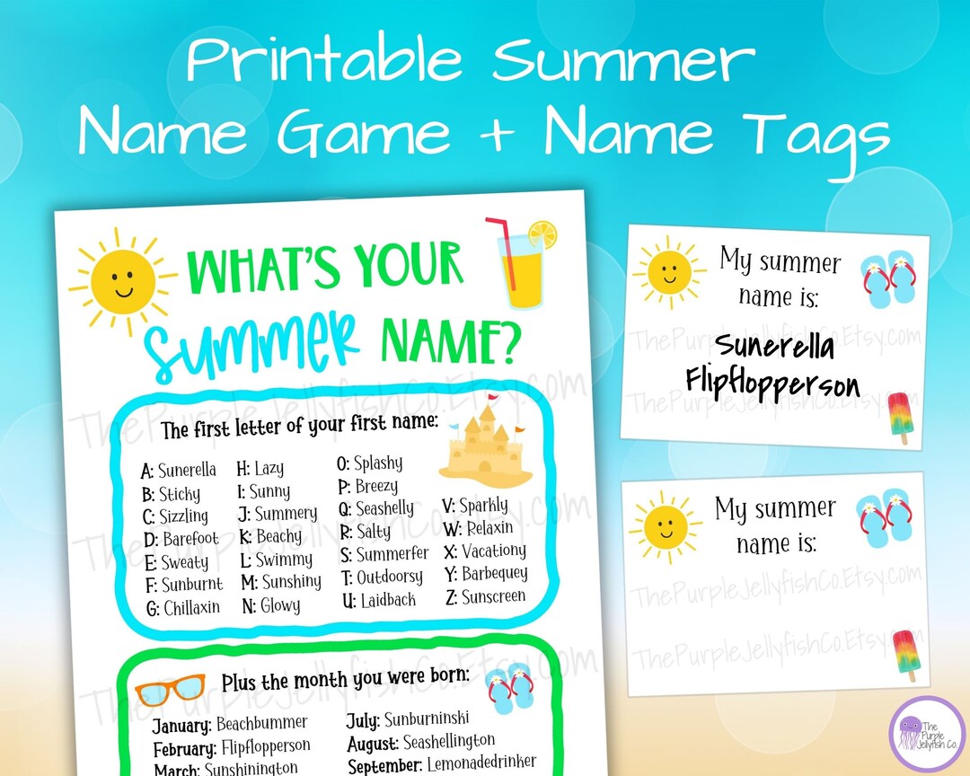 Whats Your Summer Name Game Sign + Name Tags, Printable Summer ...
