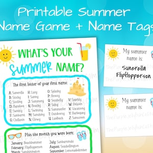 Whats Your Summer Name Game Sign + Name Tags, Printable Summer ...