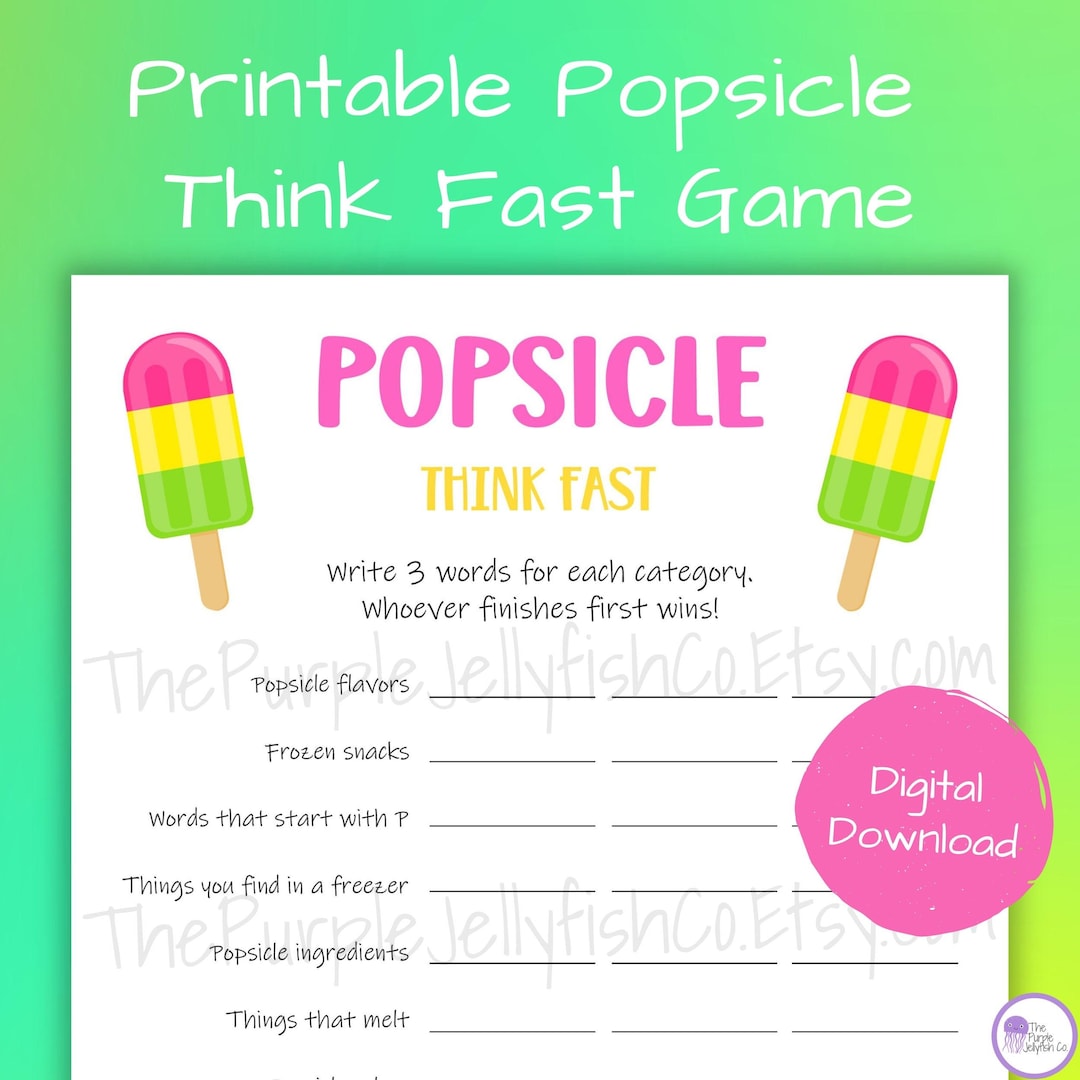 Popsicle Think Fast Game, Fun Summer Party Game Printable, Popsicle ...