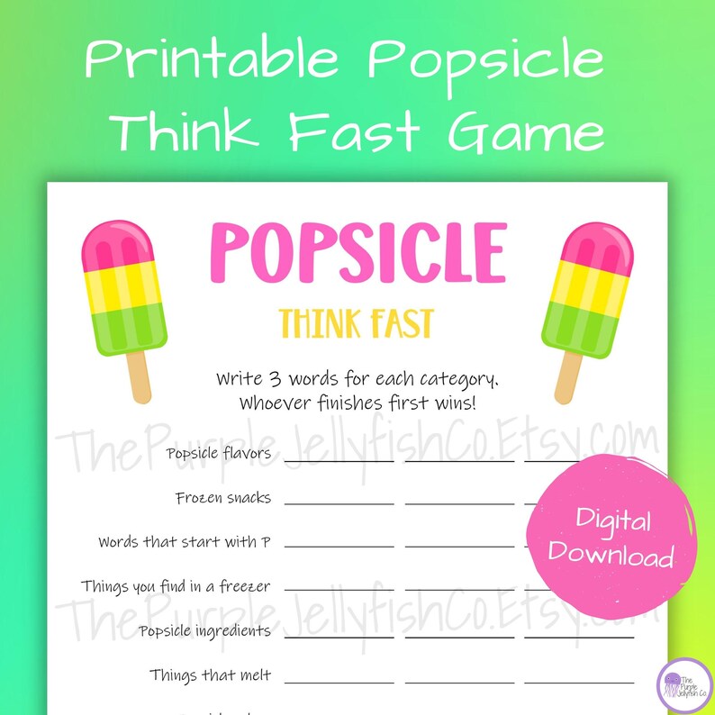 Popsicle Think Fast Game, Fun Summer Party Game Printable, Popsicle ...